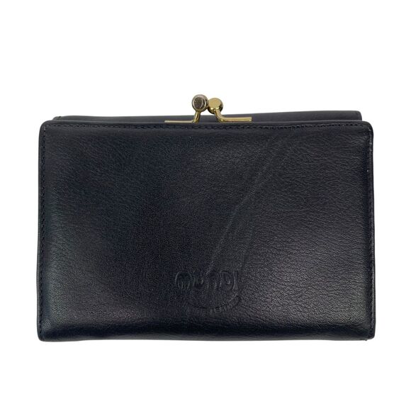 mundi | Bags | Mundi Black Leather Trifold Wallet Kiss Lock Coin Purse ...
